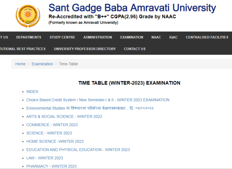 Amravati University Winter 2023 Time Table - GetResults.in