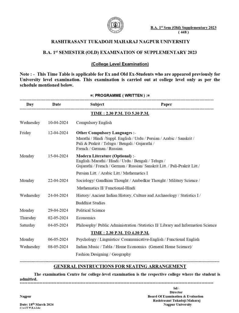RTMNU BA 1 Sem Time Table Summer 2024 - GetResults