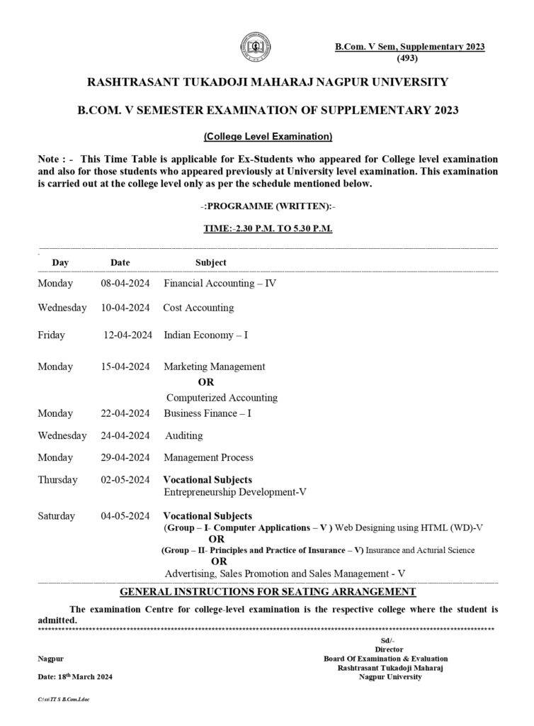 RTMNU Bcom 5th Sem Time Table Summer 2024 - GetResults