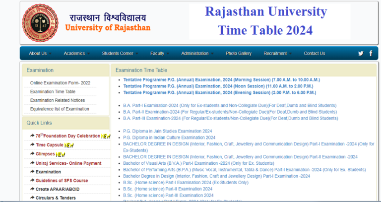 Rajasthan University Time Table 2024 - GetResults.in