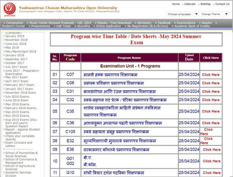 YCMOU Time Table 2024 for BA B.com BCA BBA B.sc B.ed M.Com MA MBA Exam