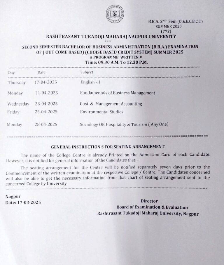 RTMNU BBA 2 Sem Time Table Summer 2025