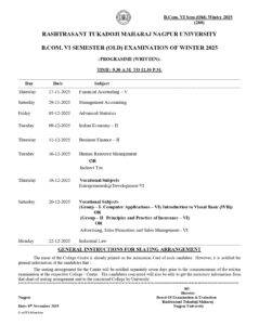 RTMNU B.Com 6 Sem Time Table Winter 2025 - GetResults.in
