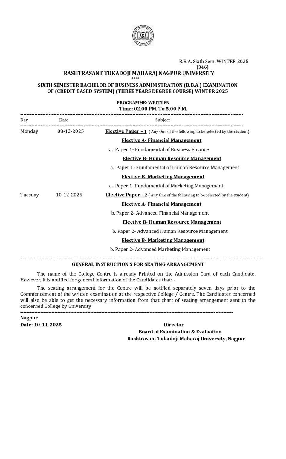 RTMNU BBA 6th Time Table Winter 2025 - GetResults.in
