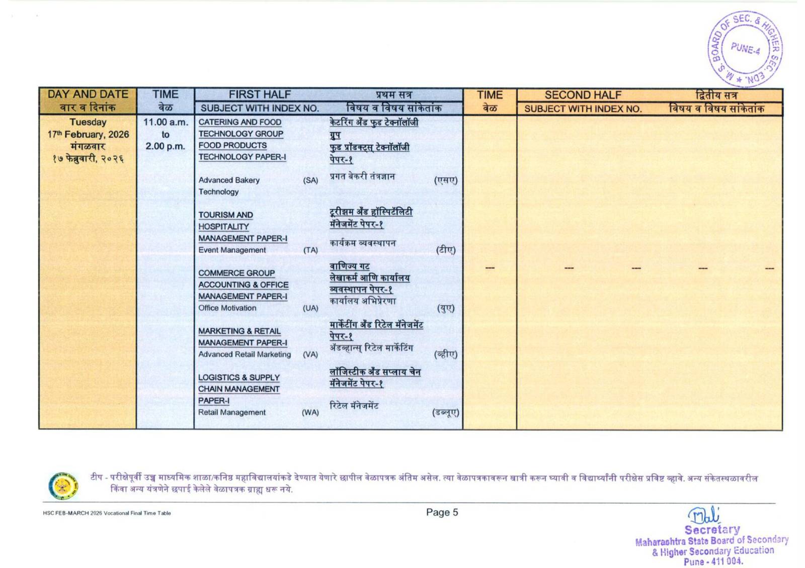 Maharashtra Board 12th Time Table 2026 - GetResults.in