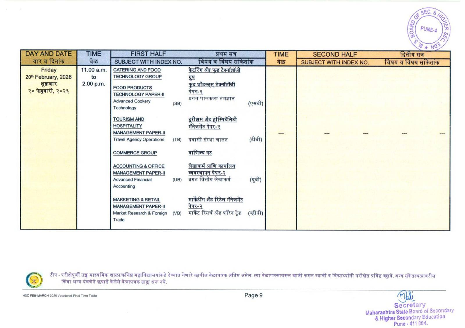 Maharashtra Board 12th Time Table 2026 - GetResults.in