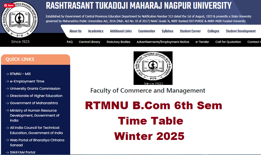 RTMNU B.Com 6 Sem Time Table Winter 2025 - GetResults.in
