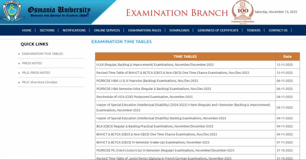 Osmania University Time Table Winter 2025 - GetResults.in
